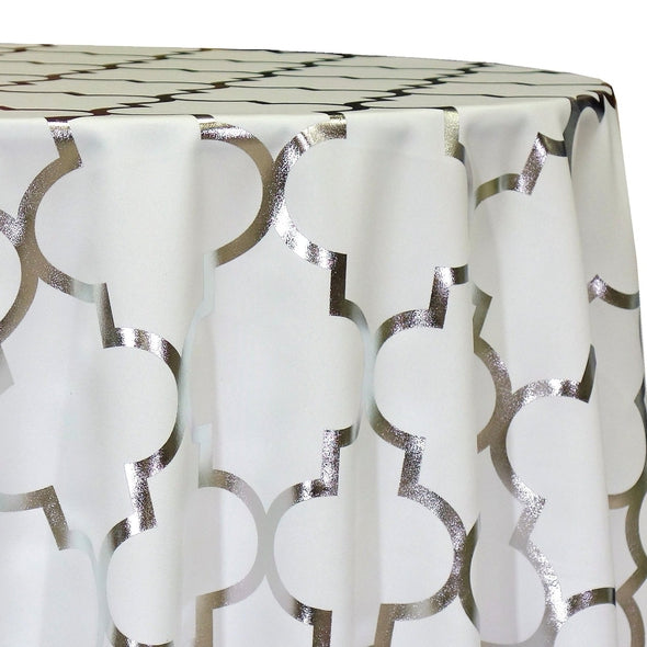 Gatsby (Metallic Print) Table Linen in Silver and White – Urquid Linen